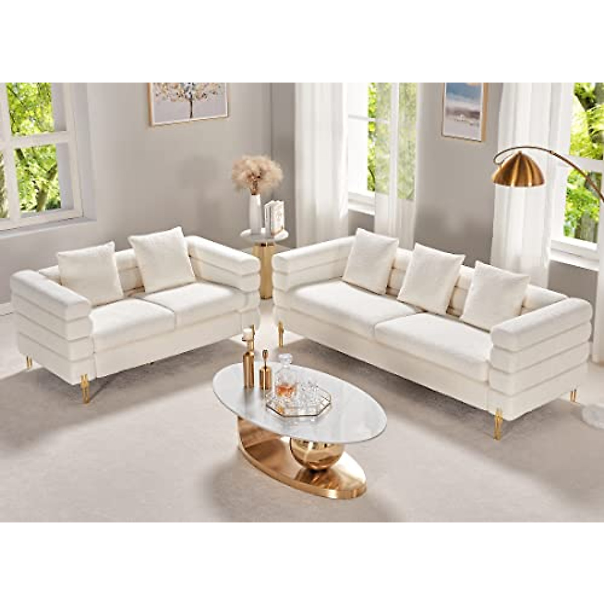 AMERLIFE Sofa, 2 Piece Sofa Set, Loveseat Set- Oversize Sofa Couch, Comfy Sofa for Living Room- Bouclé Deep Seat Sofa, White Sofa