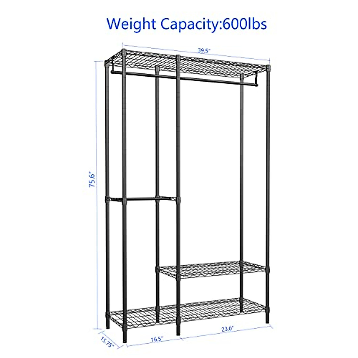 Serxis Heavy Duty Garment Rack for Hanging Clothes,Wire Metal Clothing Rack,Adjustable Portable Clothing Rack,Freestanding Open Wardrobe Organizer Rack,39.5"L x 15.75"W x 75.6"H Max Load 600LBS,Black