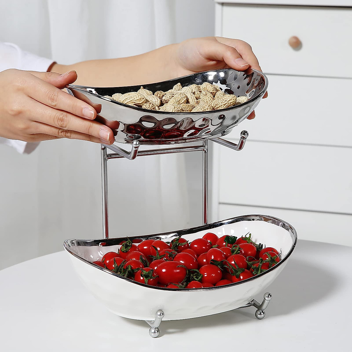 Acliys Fruit Bowl, Ceramic Fruit Basket, 2 Tier Serving Stand Serving Bowl with Metal Rack, Porcelain Kitchen Bowls for Vegetable Storage Snack Nuts Dessert Cake Tray for Party Wedding…