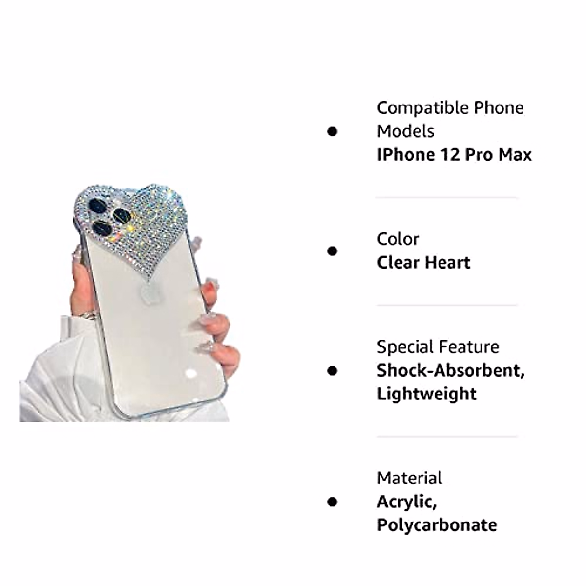 Clear Glitter Case Compatible with iPhone 12 Pro Max, 3D Heart Design Phone Cover with Girly Bling Diamond Rhinestone Sparkle Loving Hearts Slim Fit Soft Shockproof Protective Case for Women Girls
