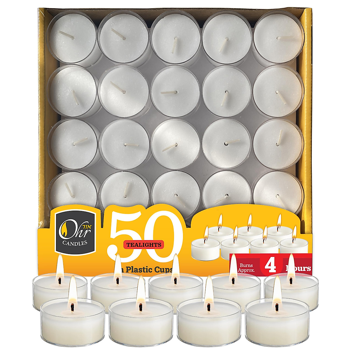 Ohr Tealight Candles in Clear Cup - 50 Pack Bulk Tea Lights Candles - White Tealights Unscented - 4 Hour Burn Time