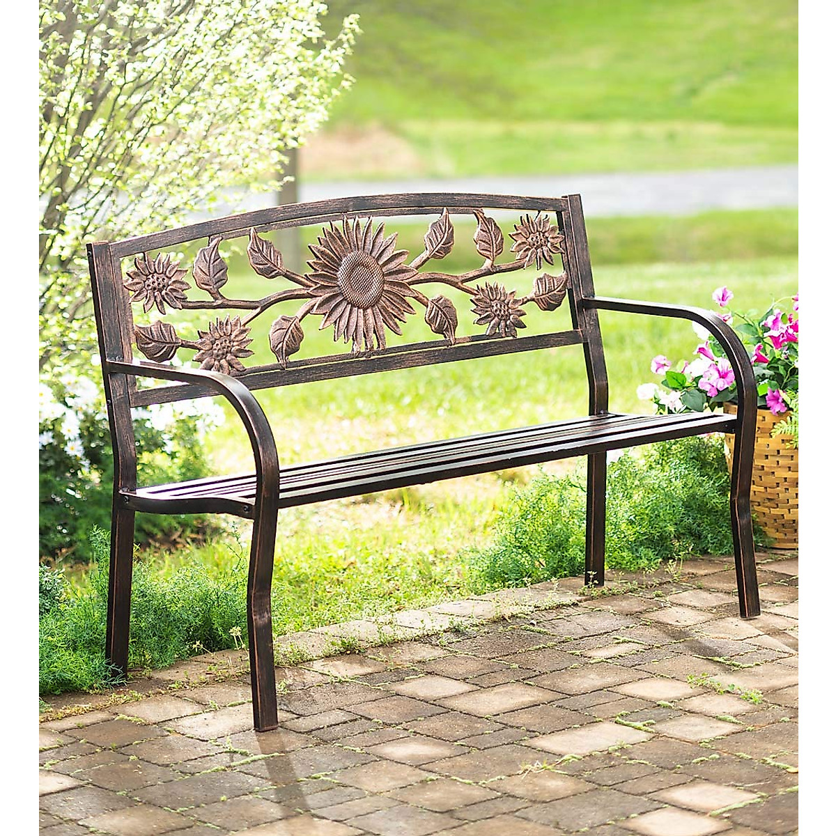 Plow & Hearth Weatherproof Outdoor Bench | Holds Up to 300 lbs | Garden Patio Porch Park Deck | Metal | Bronze