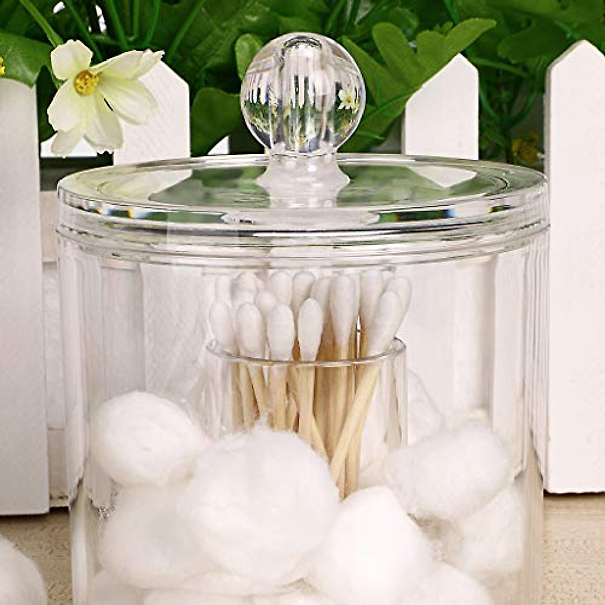 Hipiwe Cotton Ball and Swab Organizer with Lid Apothecary Acrylic Jar Makeup Cotton Organizer Bathroom Storage Canister Jar for Cotton Rounds Pads Q-tips Holder