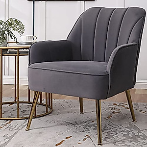 LUCKHAO Modern Accent Chair Set of 2,Velvet Comfy Upholstered Armchair Cozy Single Sofa Chairs with Gold Metal Legs for Living Room,Reading,Bedroom,Office(Grey)
