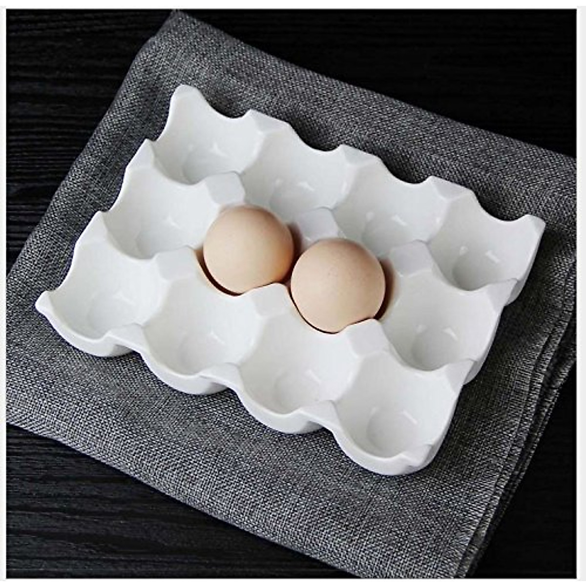 Leoyoubei Pretty Ceramic Egg Plate,7.5X5.5X1.5 Kitchen Restaurant Fridge Storage and Cookable Egg Porcelain Decorative Crate White (12 Cups Egg Holder)