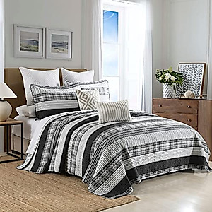 YUMIYUSHI Quilt King Size - Cotton King Quilt Set,White Black Gray Striped Plaid King Quilt Bedding Set,Farmhouse Patchwork Bedspreads,Lightweight Reversible Comforter for All Season,3-Piece
