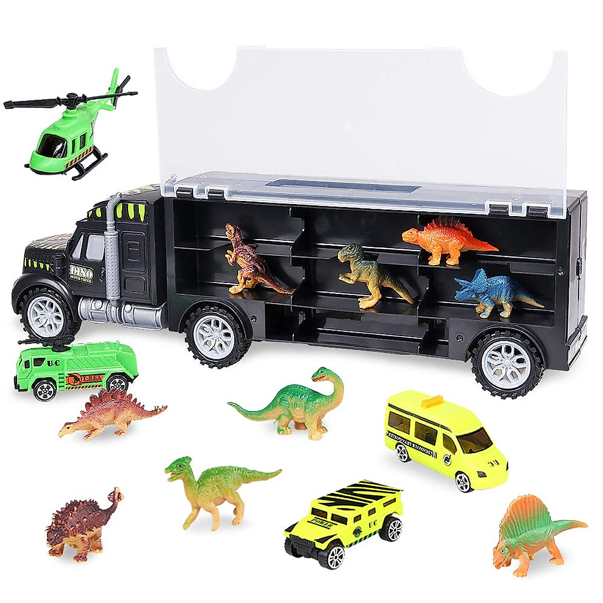 SUPREX 16 Inch Dinosaur Transport Truck Carrier Toy 14 Piece, 9 Educational Realistic Dinosaur Figures, 3 Matchbox Cars, 1 Helicopter, Dinosaur Toy for Boys, Gift for Kids Children Girls Ages 3+