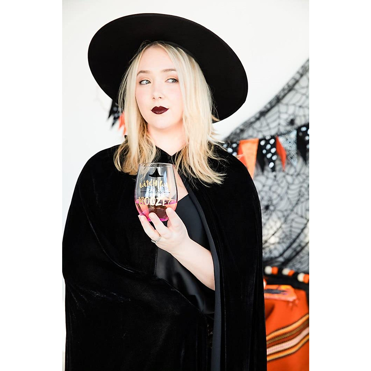 Pearhead Witch Way to the Booze Wine Glass, Fall Holiday Home Accessories, Halloween Stemless Wine Glass, 15 oz