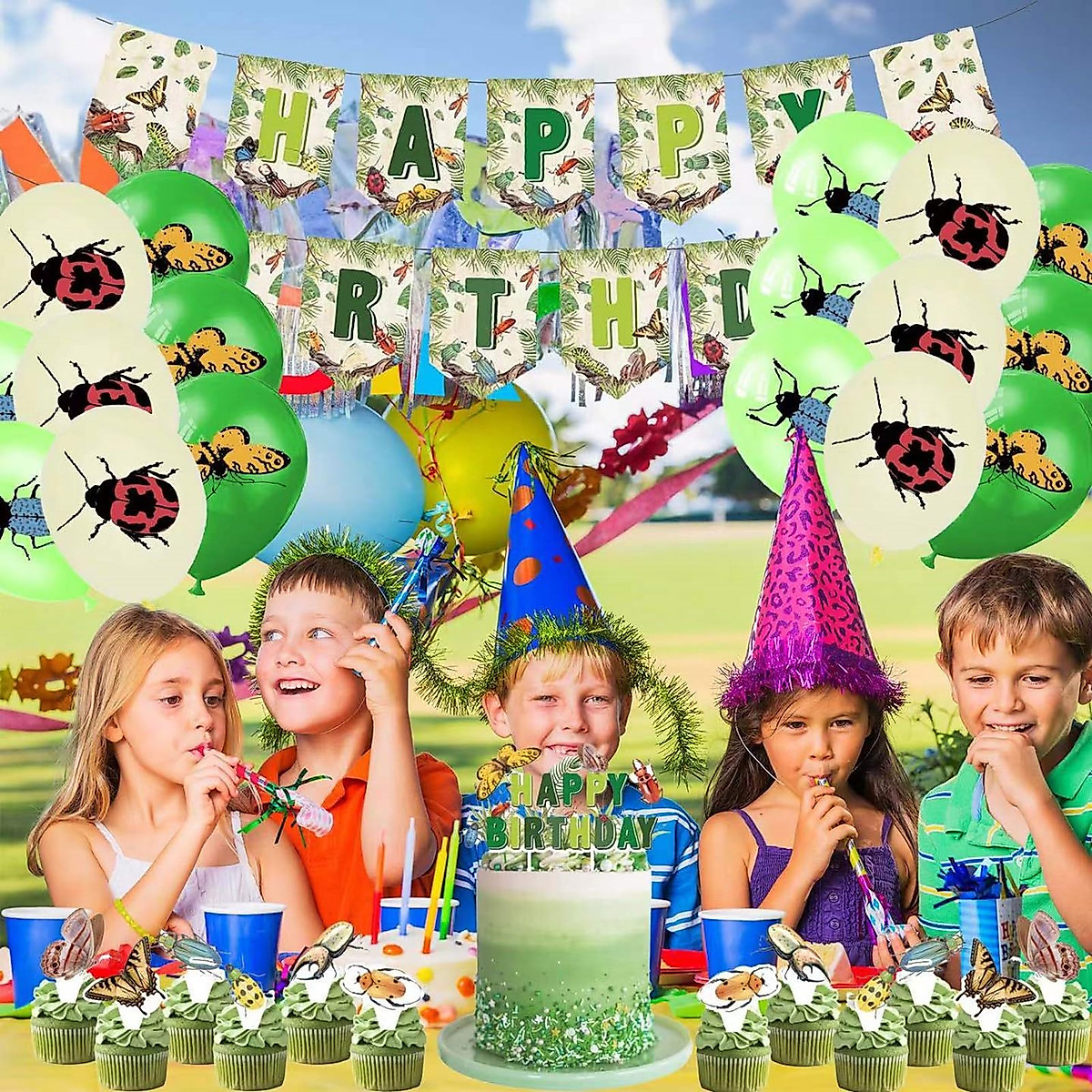 32 Pieces Bugs Party Supplies Includes Bugs Happy Birthday Banner Cake Topper Cupcake Toppers Balloons Insect Theme Party for Baby Shower Boys and Girls Birthday Decorations