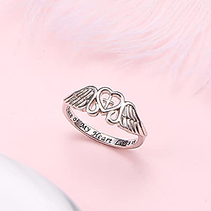 FLYOW S925 Sterling Silver A Piece of My Heart Lives in Heaven Angel Wing Ring for Women Jewelry Memory of Mom Dad Grandma Grandpa Husband Loss Memorial Gift, Size 9