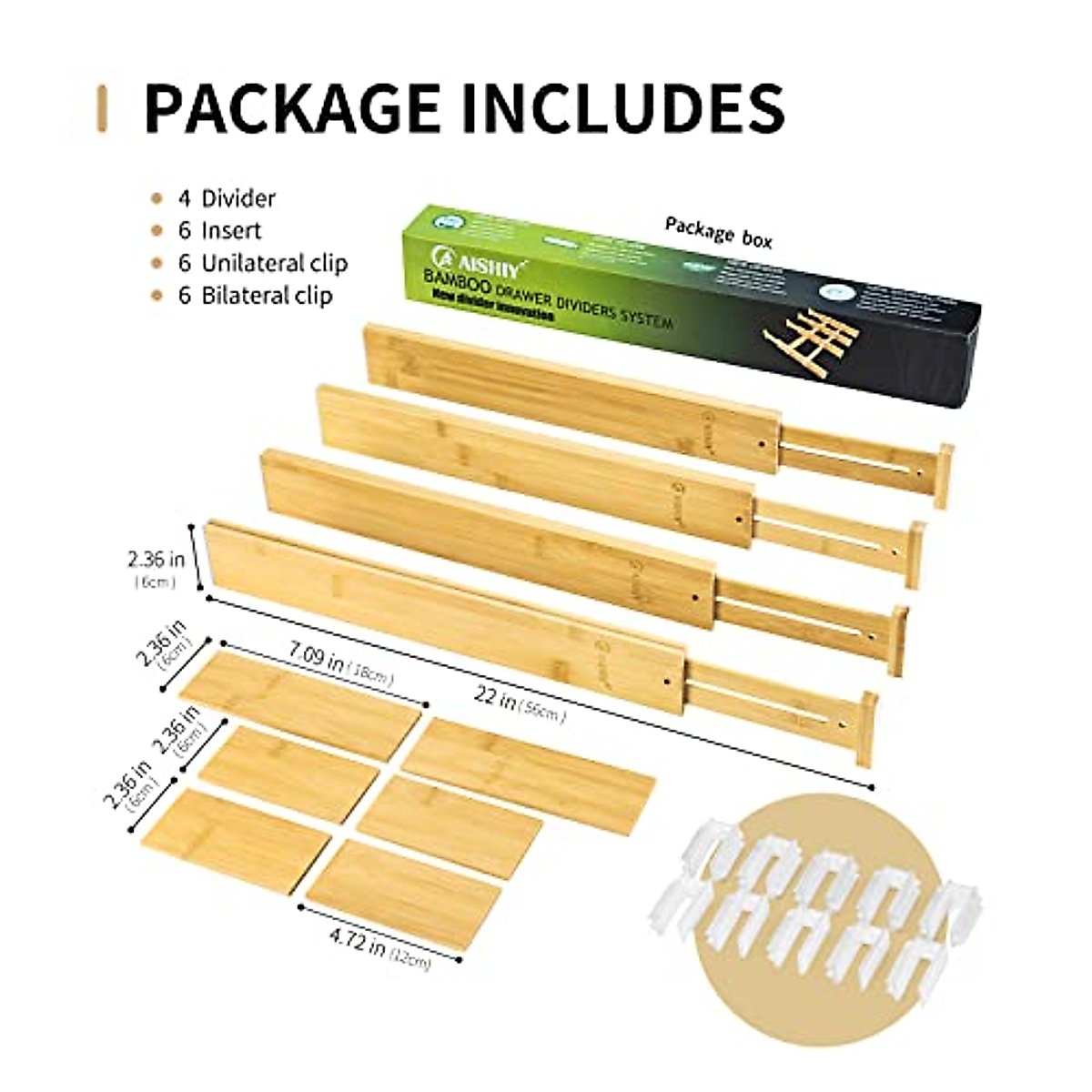 AISHIY Upgrade Bamboo Drawer Divider System,Adjustable Drawer Organizers,Expandable Utensil Organization System for Kitchen,Dressers and Bathroom,4 Divider with 6 Insert and 12 Divider Clips（17-22in）