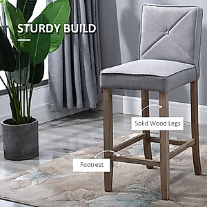 HOMCOM Modern Bar Stools Set of 2, Upholstered Bar Height Kitchen Stools with Build-in Footrest, Solid Wood Legs, Gray