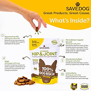 SAVE.DOG Chewable Hip and Joint Supplement for Dogs - with Glucosamine for Dogs Joint Pain Relief - Chondroitin MSM and Green Lipped Mussels for Dogs - Dog Supplement with a Cause (60 Chews)