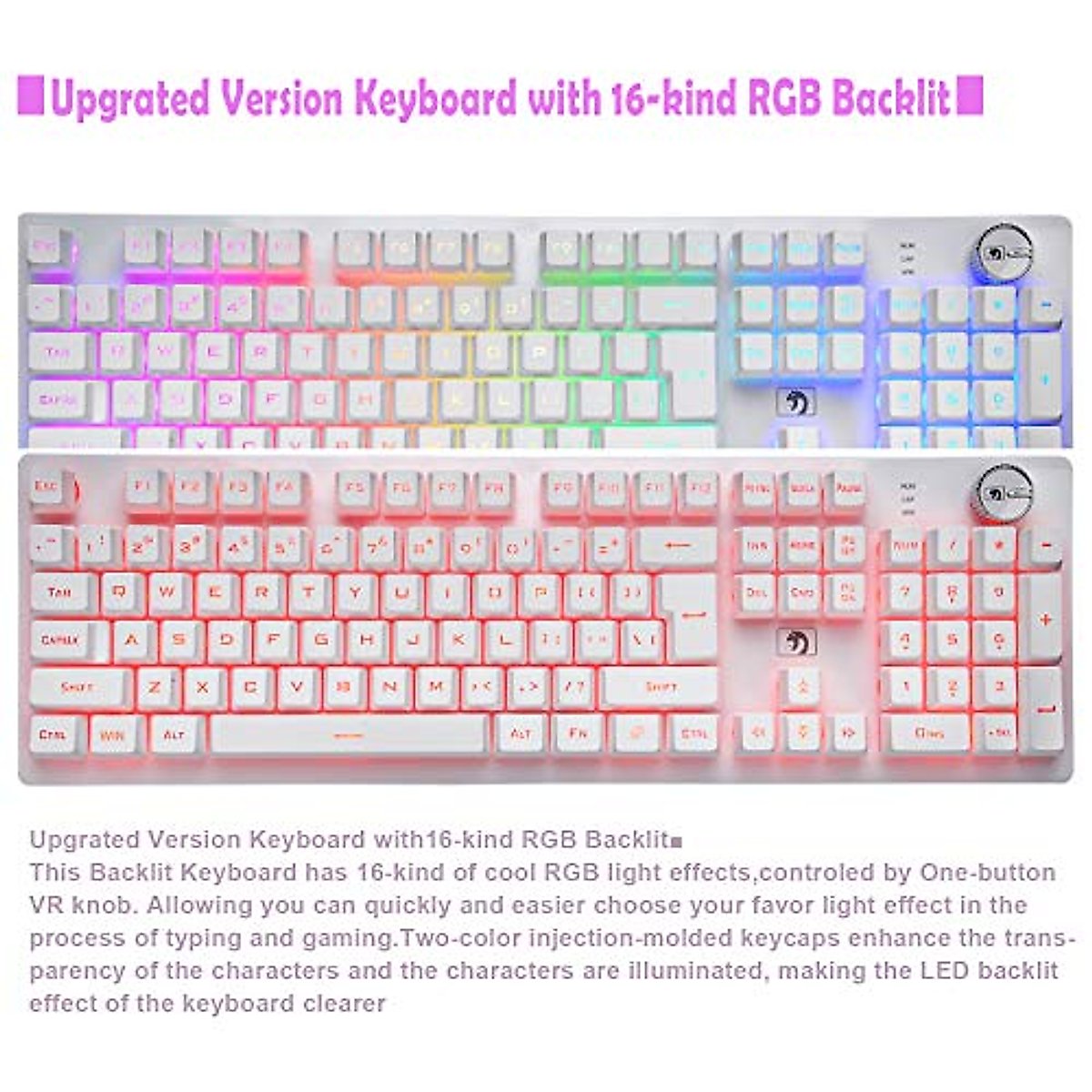 Wireless Rechargeable Keyboard and Mouse Combo,2.4G Full-Size Mechanical Feel Rainbow Backlit Gaming Keyboards with 7-Key 2400DPl Mice for PC Laptop Computer Gamer(White&RGB Light)