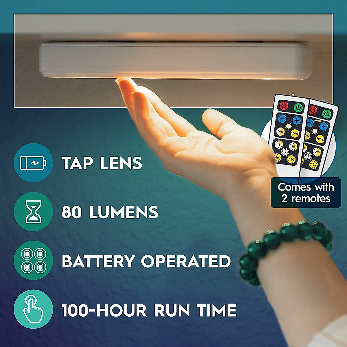 Brilliant Evolution Wireless LED Under Counter Lights with 2 Remote Controls - 6-Pack Battery Operated Under Cabinet Lighting Fixtures - Stick On Push Lights with Timer - Warm White, 8.5x2x1-Inch