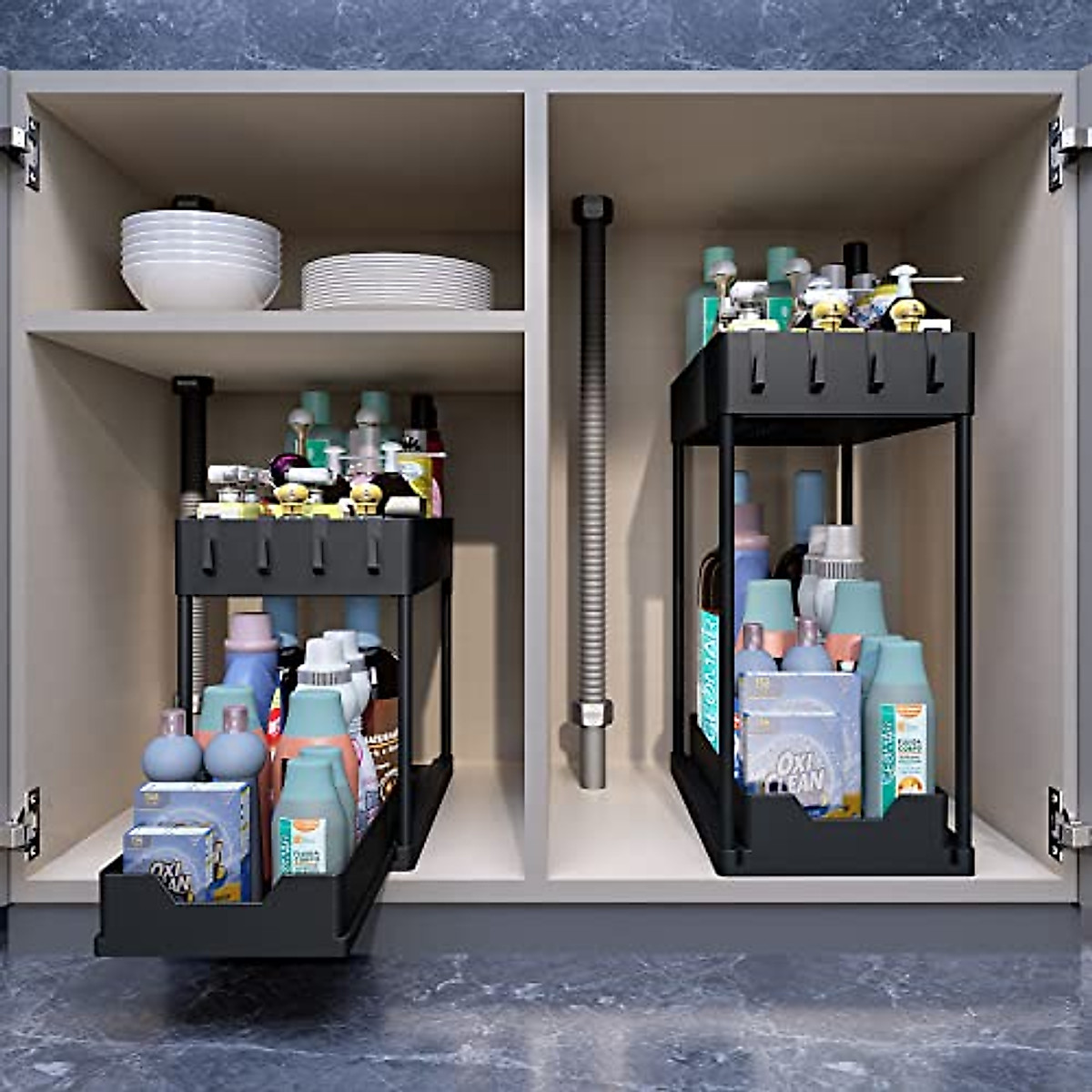 Under Sink Organizers and Storage - Adjustable Height Sliding 2-Tier Pull Out Drawer Rack Multi-Purpose Under Sink Shelf Organizer for Kitchen Bathroom Under Counter Cabinet Storage (Dark Black-2pcs)