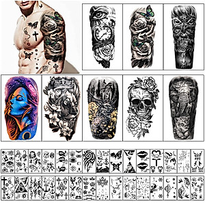 Extra Large Full Arm Waterproof Temporary Tattoos 8 Sheets and Half Arm Shoulder Tattoo 8 Sheets, Tiny 30sheets Lasting Tattoo Stickers for Girls Adult Women or Men (Total 46 sheets)