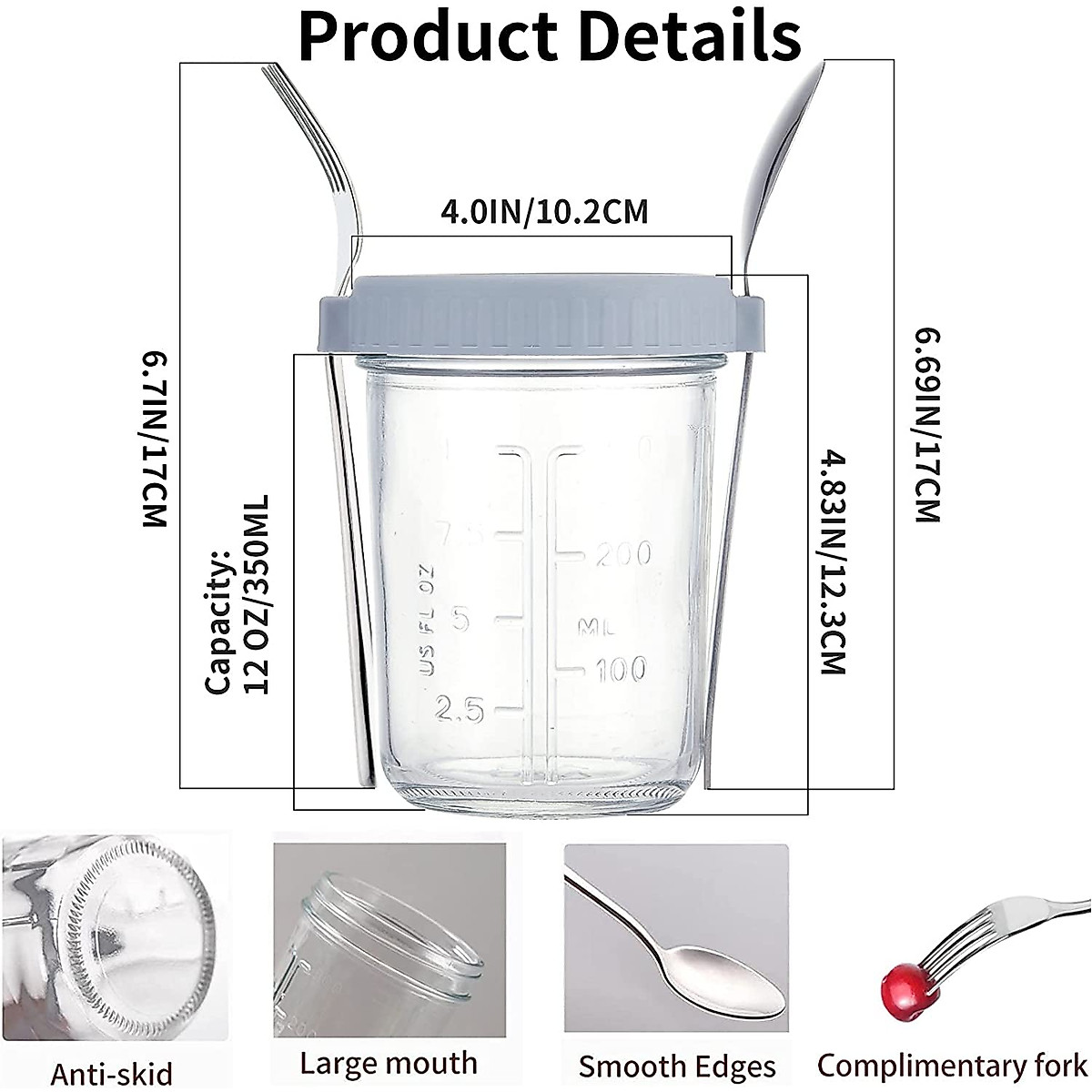 P&Y Overnight Oats Containers with Lids, 12 Oz Glass with Spoons and Forks, Oatmeal Container with Letter Silicone Label for Yogurt Fruit Vegetable Salad(Gray J with Forks 2Pack)