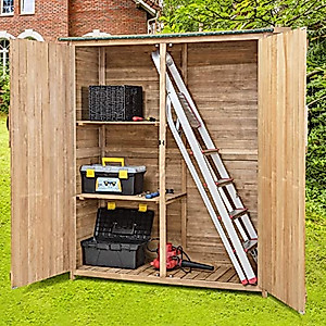 Goplus Outdoor Storage Cabinet, Double Lockable Wooden Garden Shed with 3 Shelves and Waterproof Asphalt Roof, Outside Lean to Shed, Vertical Tall Tool Shed for Patio Yard Lawn