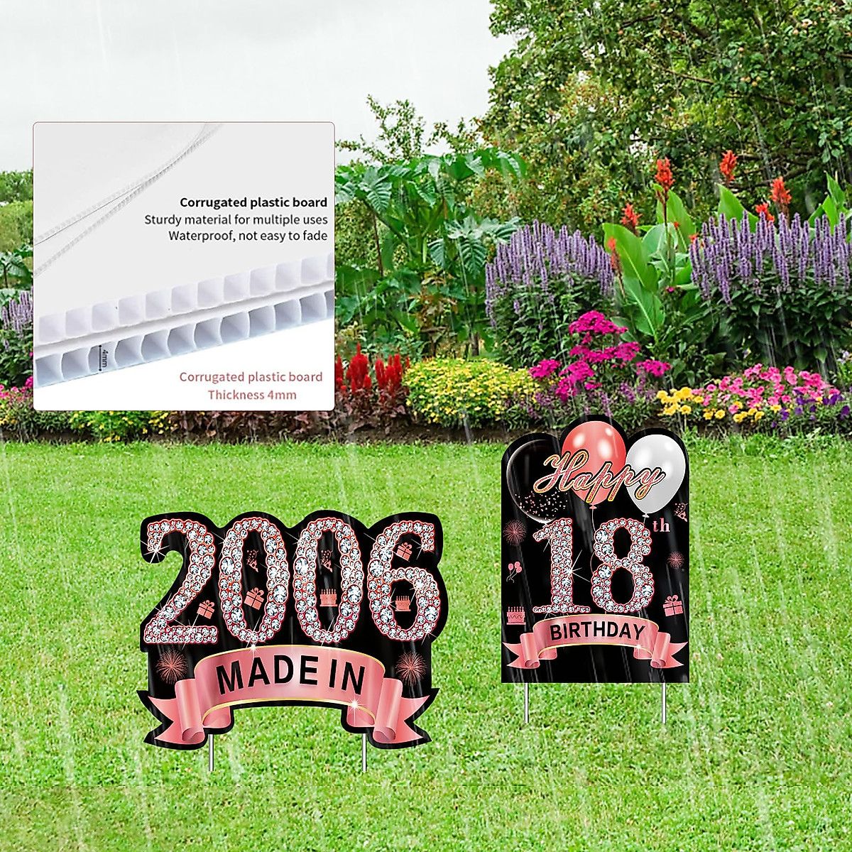 2Pcs Rose Gold 18th Birthday Yard Sign Decoration with String Lights for Girl, Happy 18 Birthday Made in 2006 Lawn Sign Party Supplies, Eighteen Year Old Birthday with Lights Yard Decor with Stakes