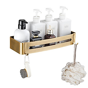 Bathroom Organizer Shelf Shower Caddy Shampoo Holder with Removable Hooks Rustproof Antique Brass Color