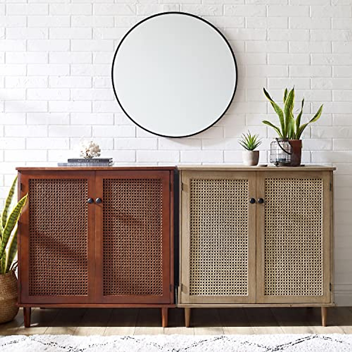 Volans Set of 2 Accent Storage Cabinet with Woven Rattan Wicker Doors, Sideboard Buffet Cabinet for Entryway, Hallway or Living Room, Rubber Wood Veneer