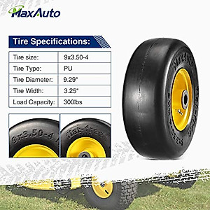 MaxAuto 2PCS 9x3.50-4" Flat Free Lawnmower Tire on Wheel, 3.5" Centered Hub, 3/4" Bushings(Universal Adapter Kit Include: 2pcs 5/8" Sintered Iron Bushings, 2pcs 1/4" Nylon Spacers, 4pcs Steel Washers)