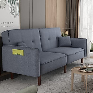 WILLIAMSPACE Futon Sofa Bed, Convertible Sleeper Sofa with Magazine Bag, Small Splitback Sofa with Tapered Solid Wood Leg, Padded Seat and Back, Loveseat Couch for Living Room, Grey Fabric