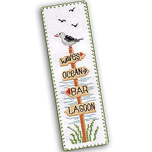 Beach Signs Cross Stitch Bookmark - Coastal Wood Signs Embroidery Set with Paper Pattern, 16 Count Aida Cloth and Pre-Sorted Floss