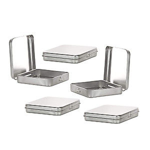 MagnaKoys Square Silver Metal Hinged Tins 3.5 x 3.5 x .70 Inches Boxes for Candy Storage Geocaching (5-Pack)