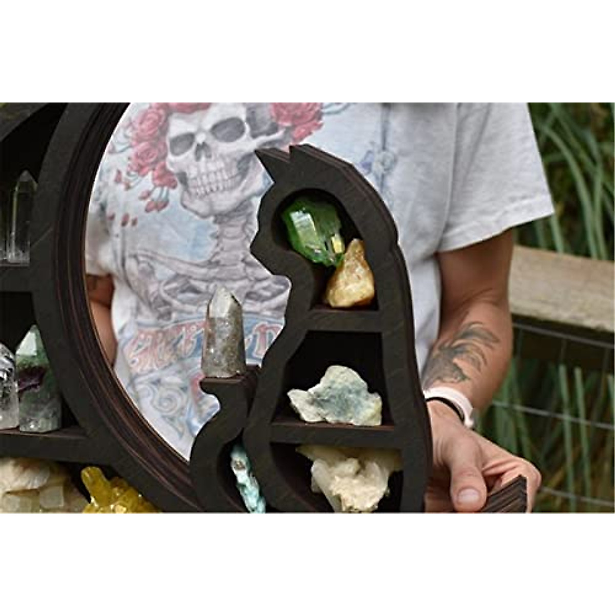 SXDHGTJ Cat in The Moon Crystal Wooden Shelf, Wall Mounted Crystal Display Shelf, Moon Shelf Black Cat Design Cute Wall Shelf Unit Black, Decorative for Living Room (A)