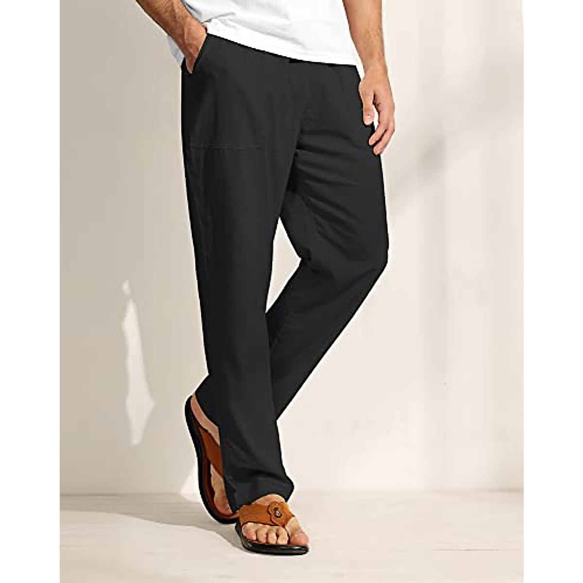 Ficerd 2 Pcs Men's Drawstring Linen Pants Men Casual Beach Trousers with Pocket Lightweight Elastic Yoga Pant (Black, Khaki, Large)