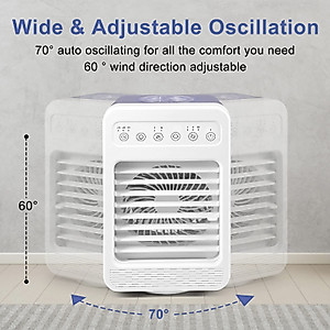 VIIMI Portable Air Conditioner, 6-IN-1 Evaporative Personal Air Cooler Humidifier with 4 Speeds 7 Colors Light, 70°Oscillation USB Quiet Air Cooler white