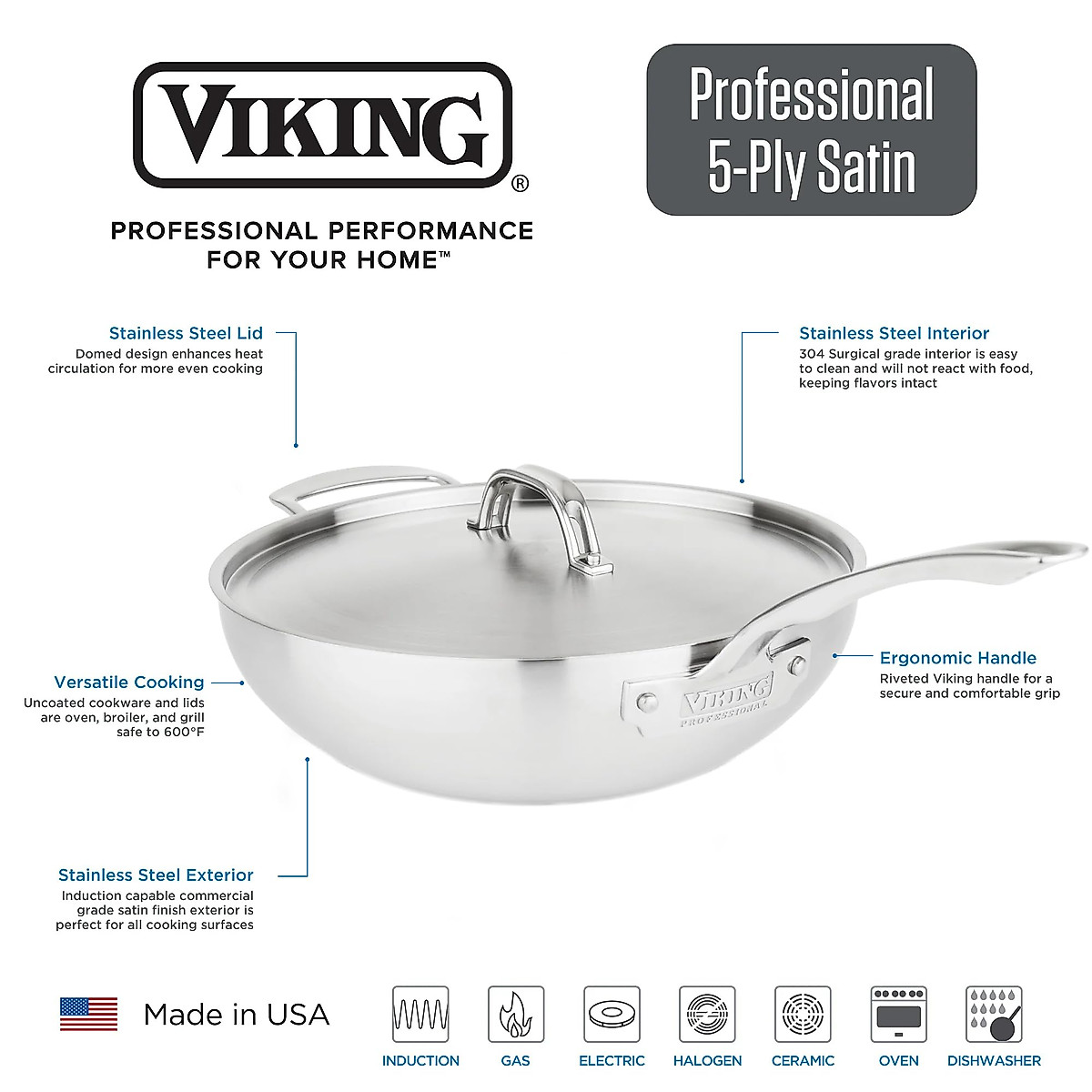 Viking Culinary Professional 5-Ply Stainless Steel Chef Pan, 12 Inch, Includes Steel Lid & Ergonomic Stay-Cool Handle, Dishwasher, Oven Safe, Works on All Cooktops including Induction