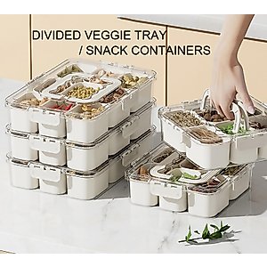 Divided Veggie Tray with Lid and Handle 9 Compartment Serving Tray with Dividers Portable Travel Snack Containers Stackable Snackle Box Charcuterie Container for Fruit,Vegetable,Salad (9 Containers)