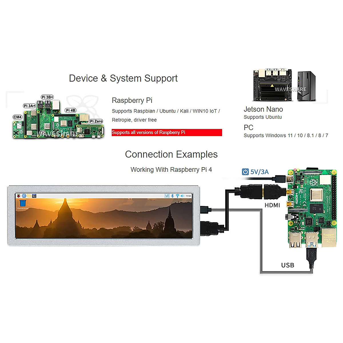 waveshare 8.8inch 480x1920 IPS Side Monitor No Touch for Raspberry Pi/Jetson Nano/PC Windows 11/10 / 8.1/8 / 7, Built-in HiFi Speaker, with CNC Process Alloy Enclosure