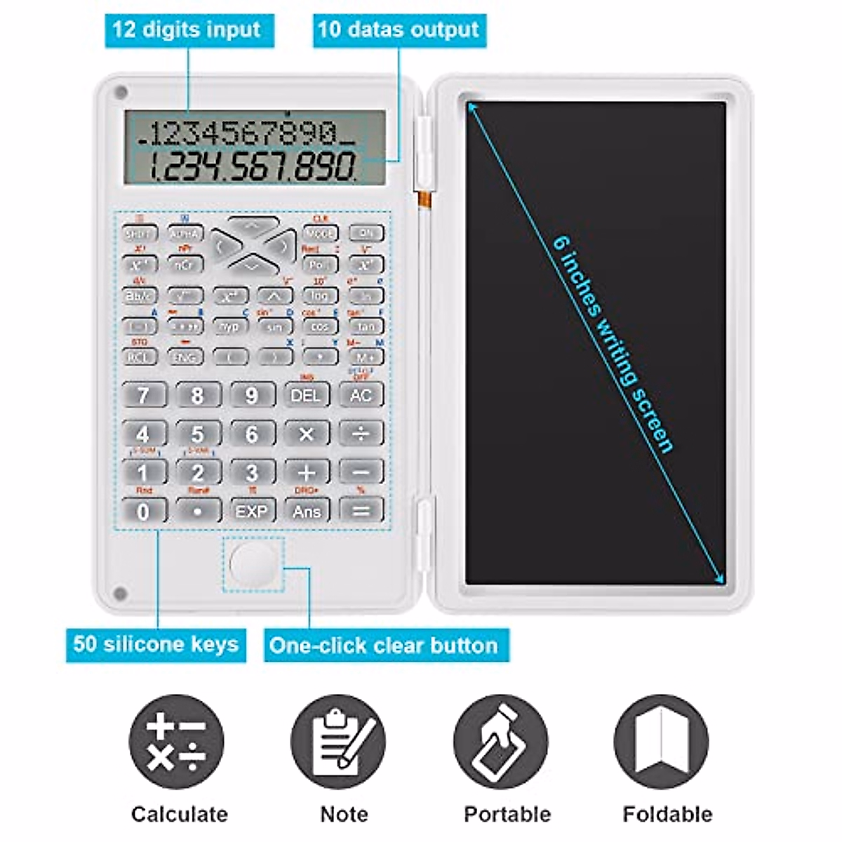 LINGSFIRE Scientific Calculator with Erasable Writing Board, 10-Digit LCD Display Foldable Desk Calculator Physics Graphing Calculator for Student Teacher Financial Office Business High School, White