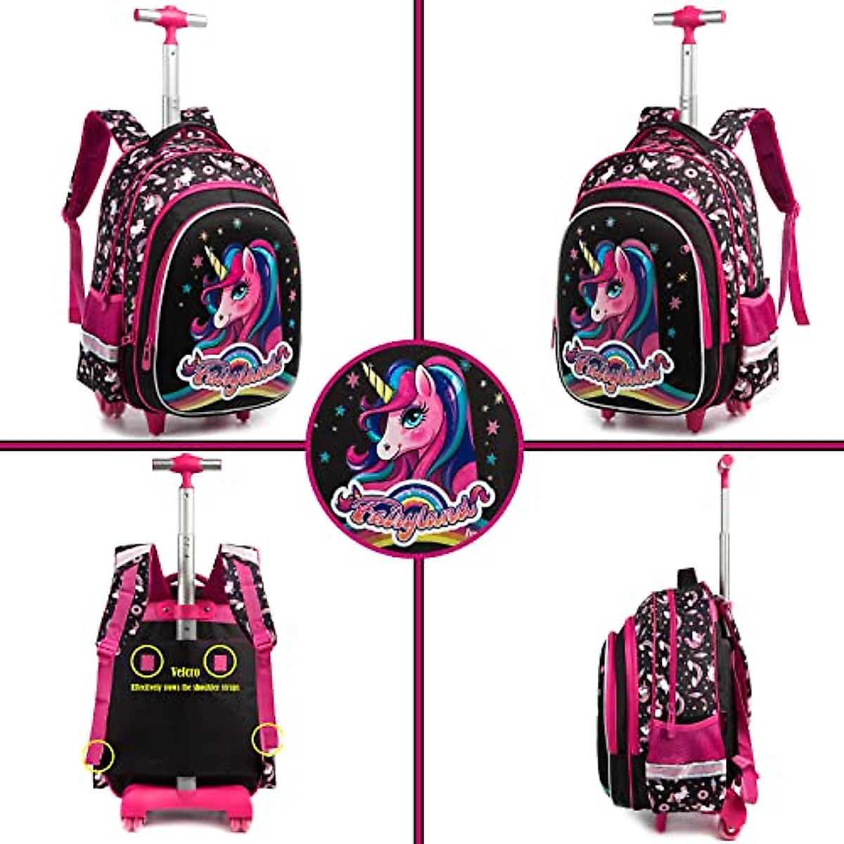 Egchescebo School Bags Kids Rolling Unicorn Backpack for Girls Luggage Suitcase With Wheels Trolley Wheeled Backpacks Travel Bags 3PCS Cat Backpack With Lunch Box Red…