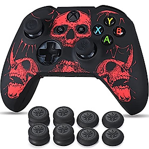 YoRHa Laser Carving Silicone Skin for Xbox One S/X Controller x 1(Skulls Red) with Exclusive Thumb Grips x 8