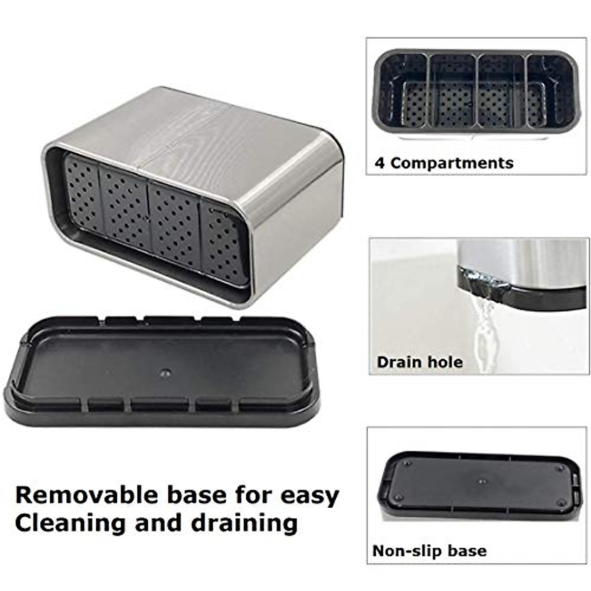 TESOT Utensil Holder Sink Caddy Sponge Holder with 4 Divided Compartments, Sturdy Stainless Steel, Rust Proof