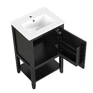 20" Bathroom Vanity Cabinet with Ceramic Sink Top Set, Freestanding, Two-Tier Storage Rack, Soft Closing Door, Black