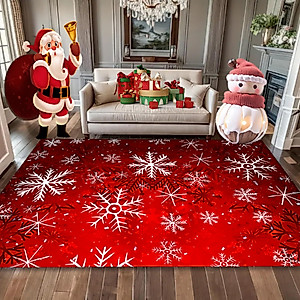 ZLXMN Red Christmas Area Rug,5x6ft,Christmas Room Decor Red with White Snowflakes Rug, Xmas Winter Home Decor Rubber Backed Rugs for Entryway Indoor Living Room Bedroom Easy Clean Carpet