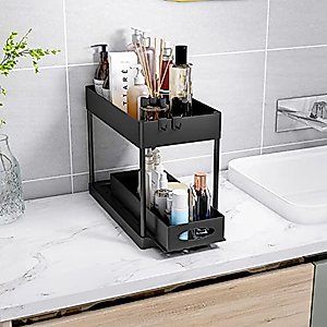 KMIGRUAN Under Sink Organizers and Storage,2 Tier Kitchen and Bathroom Organizer Under Sink Shelf，Multi-function with Hook Under Cabinet Organizer