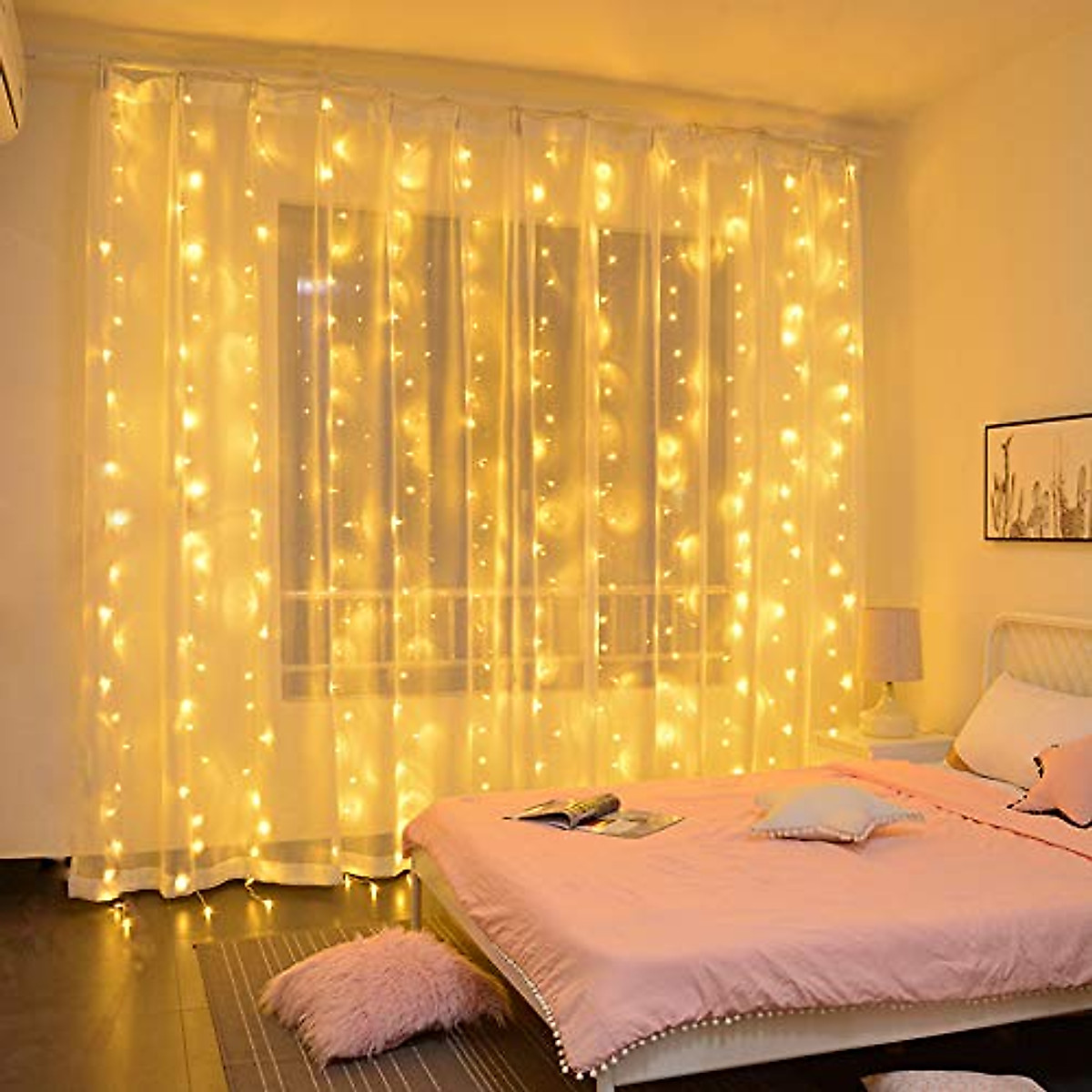 GUOCHENG Copper String Curtain Lights 3m x 3m LED Curtain Fairy Lights USB Powered Window Light Strings with Remote for Home Bedroom Party Wedding, Indoor Outdoor Decorations-Warm White