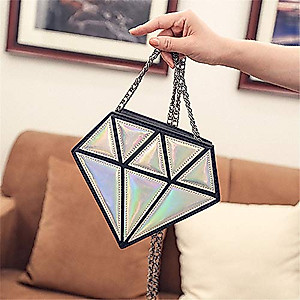 WILDFINDING Laser Diamond Shape Evening Shoulder Bag PU Leather Chain bag for Girls, Silver, 18cm