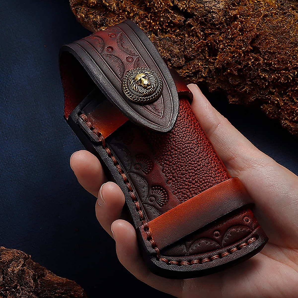 Pocket Knife Sheath,Knife Sheath for Belt,Pocket Knife Case for Folding Knife - Durable Leather Design with Brass Button and Vintage Look (Lion brown)