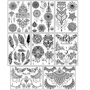 glaryyears 8 Sheets Mandara Chests Tattoos for Women, Black Flower Leaf Lion Wolf Dreamcatcher Designs Underboob Temporary Tattoo Stickers on Chest Waist Waterproof Body Art Large Size