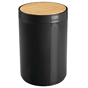 mDesign Plastic Round Trash Can Small Wastebasket - Garbage Bin Container with Swing-Close Lid - Bathroom Garbage Basket - Holds Waste, Recycling - 1.3 Gallon - Basa Collection - Black/Natural