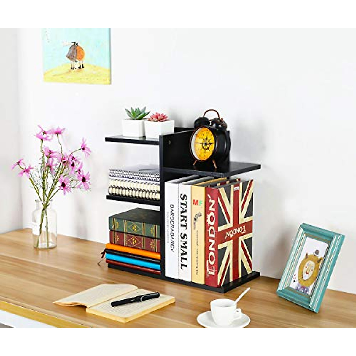 PAG Wood Desktop Shelf Small Bookshelf Desk Supplies Organizers and Accessories Storage Display Rack Office Decor for Women, Black