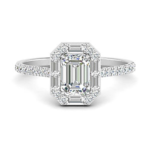 JewelryGift Art Deco Emerald Cut Halo Ring 925 Sterling Silver Created Cubic Zircon Emerald Shape White Color Halo Engagement Rings Prong Setting in Size 7